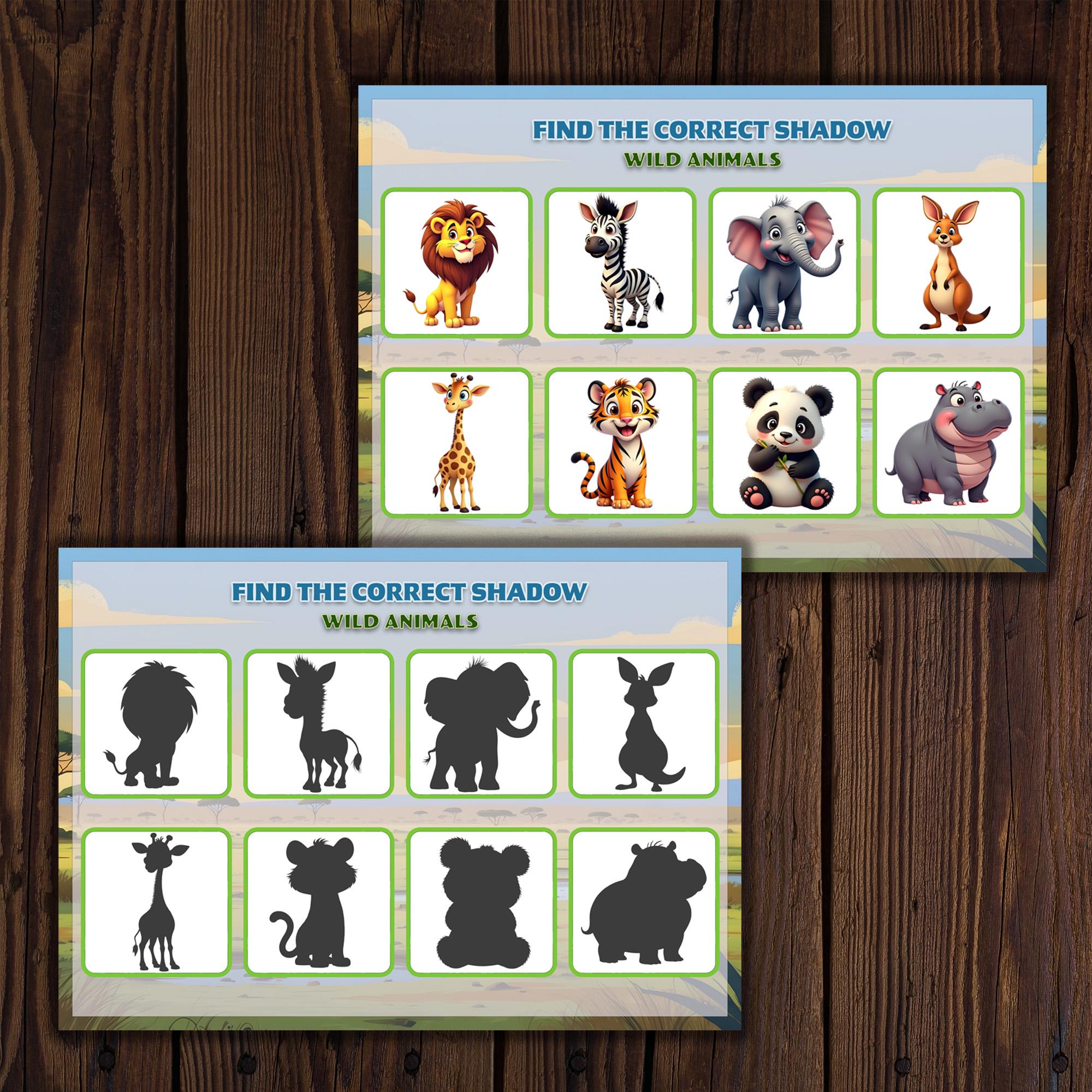 Wild Animals Shadow Matching Game, Printable Educational Activity for ...