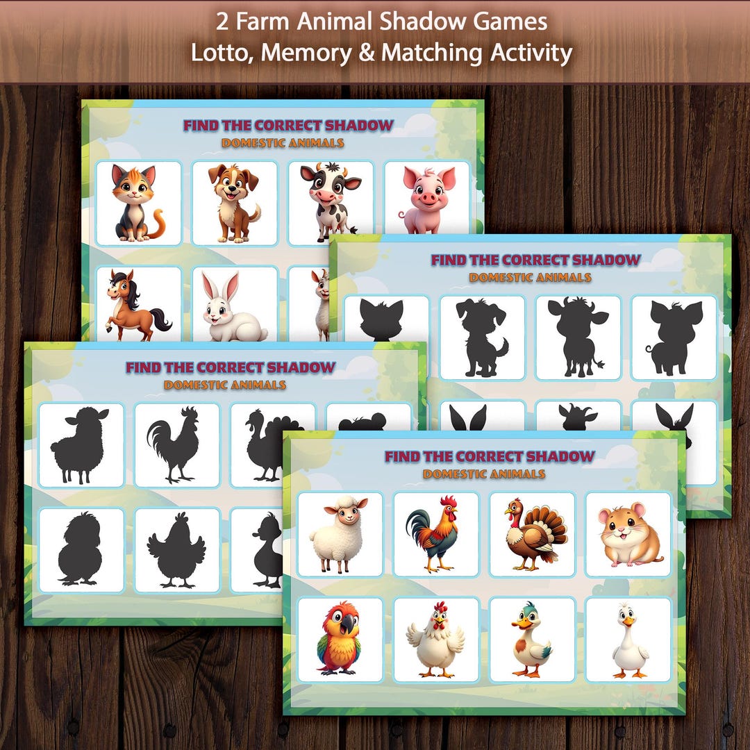 Farm Animals Printable Game, Find the Correct Shadow, Matching, Lotto ...