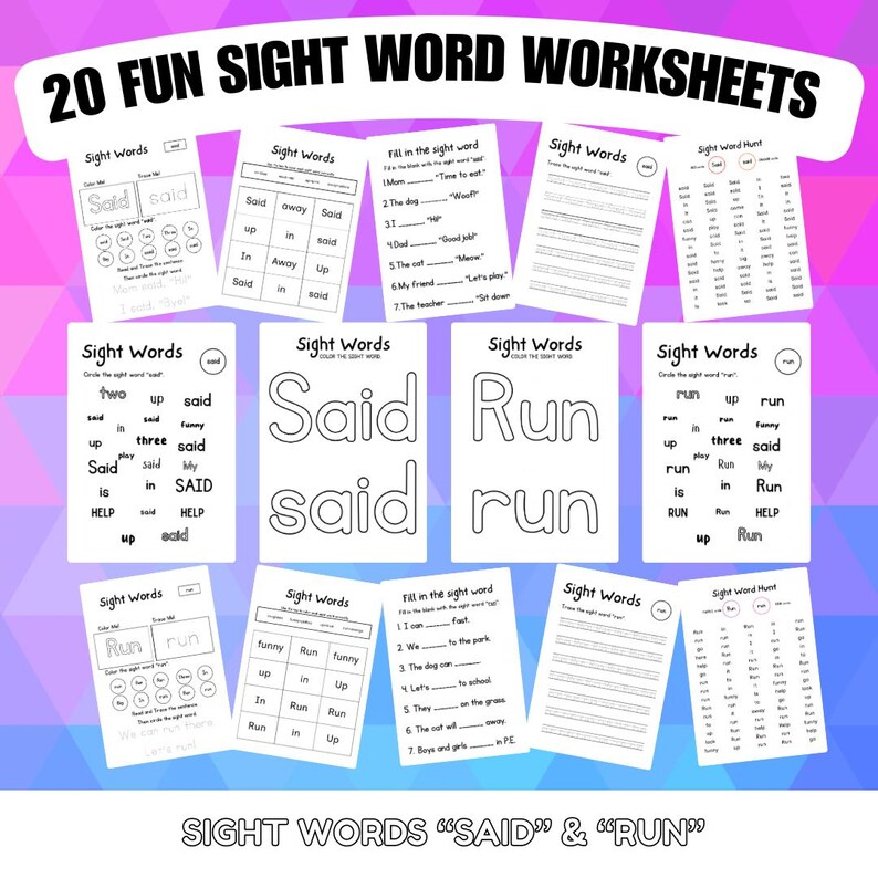 Sight Word Worksheets “SAID” & “RUN” - Etsy