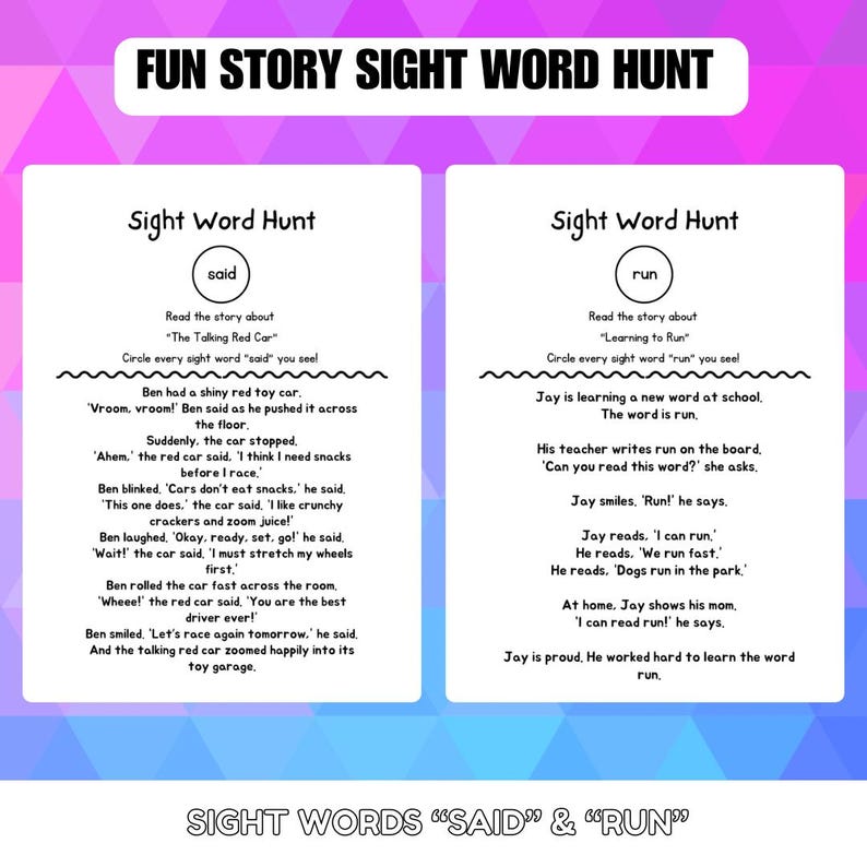 Sight Word Worksheets “SAID” & “RUN” - Etsy