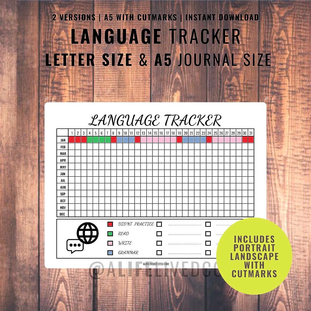 Language Tracker -new Language - PRINTABLE Journal Page - Habit Tracker ...