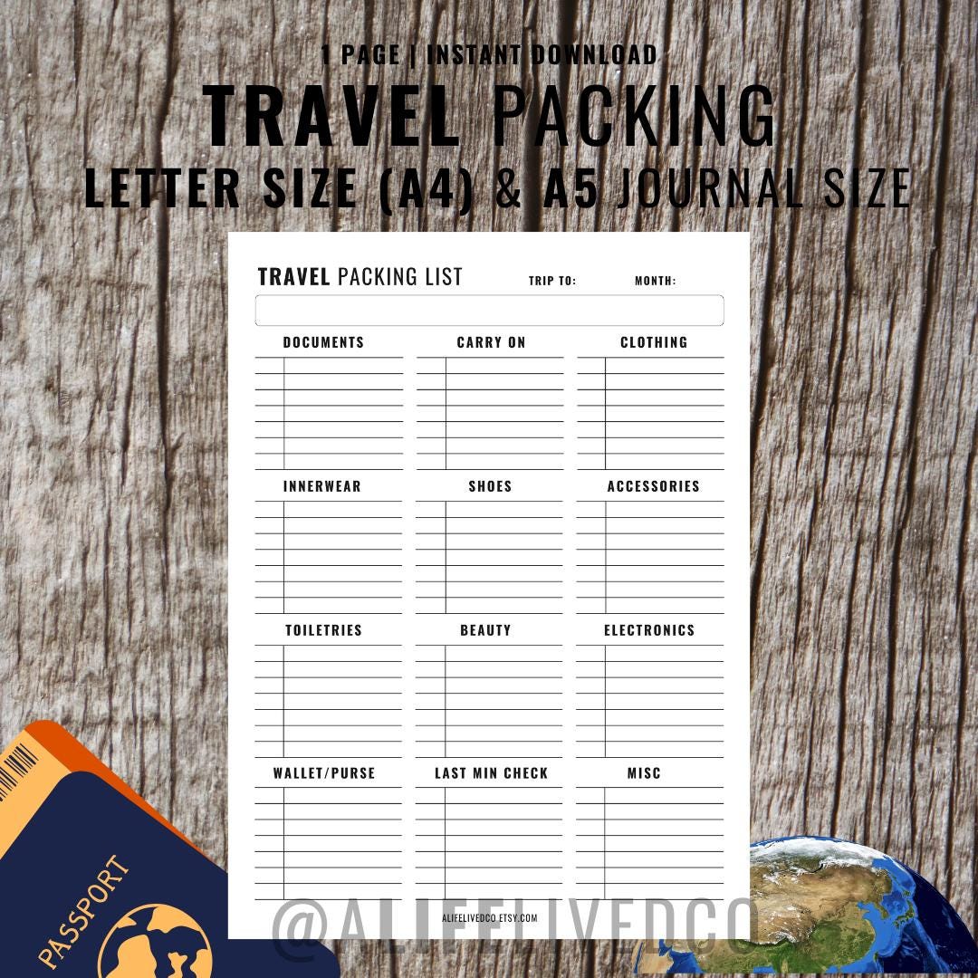 Travel Packing List PRINTABLE Journal Page travel List Travel Tracker ...