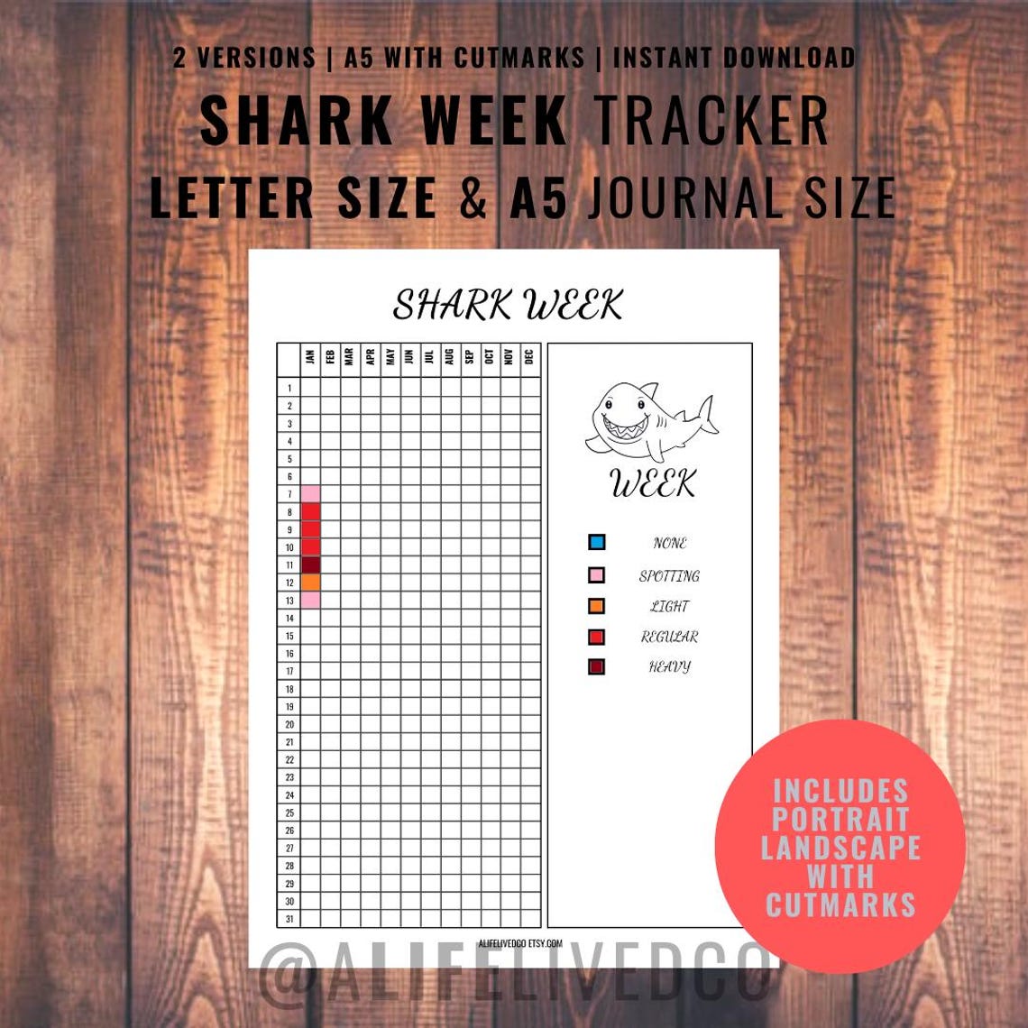 Shark Week Tracker - Printable Planner -journal Page - Menstruation Log ...