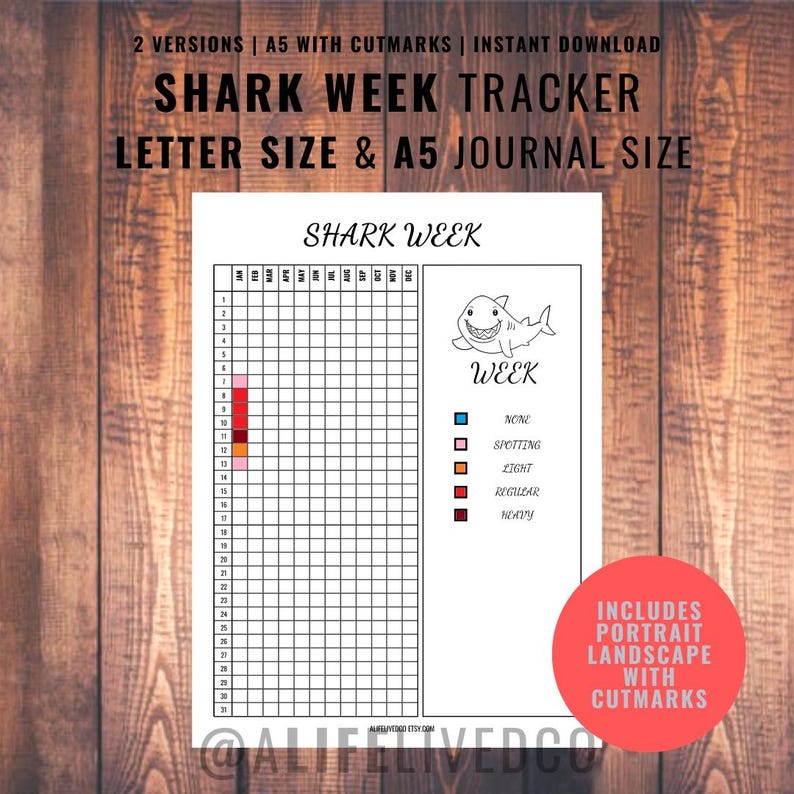 Shark Week Tracker - Printable Planner -journal Page - Menstruation Log ...
