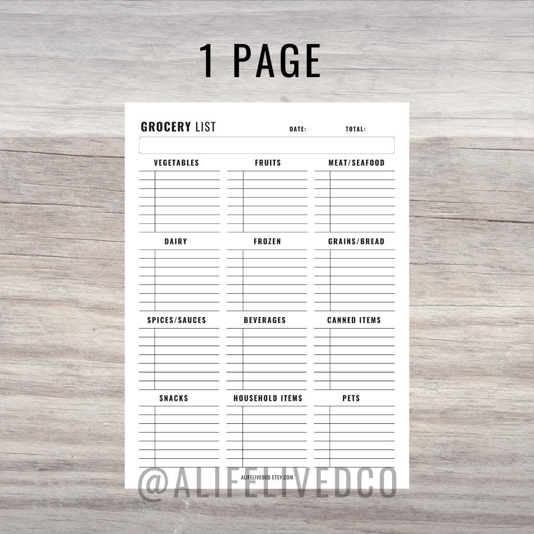 Grocery List - Kitchen Organization Template - Meal Planner Checklist ...