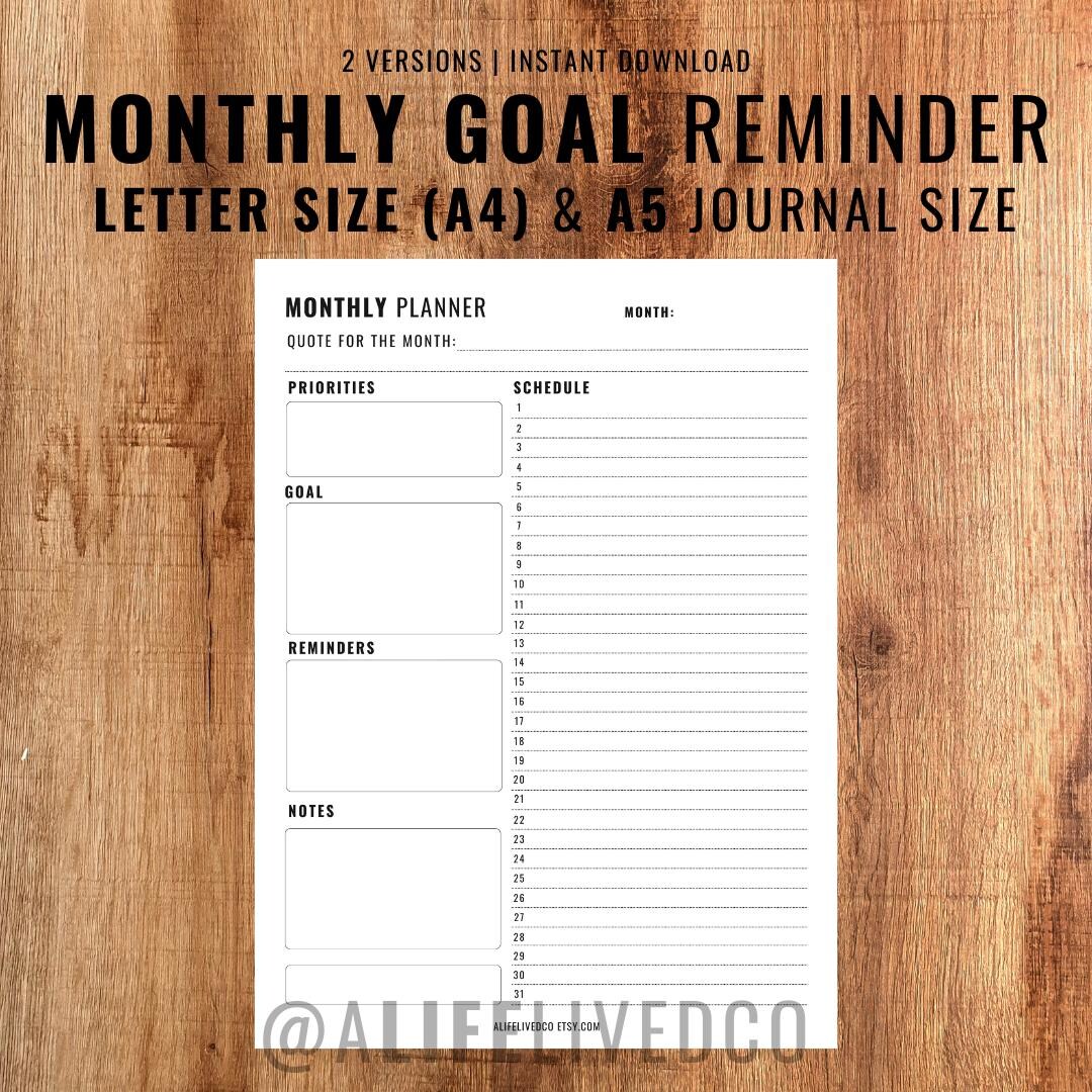 Monthly Goals - Simple Monthly Planner - Month at a Glance - Monthly to ...