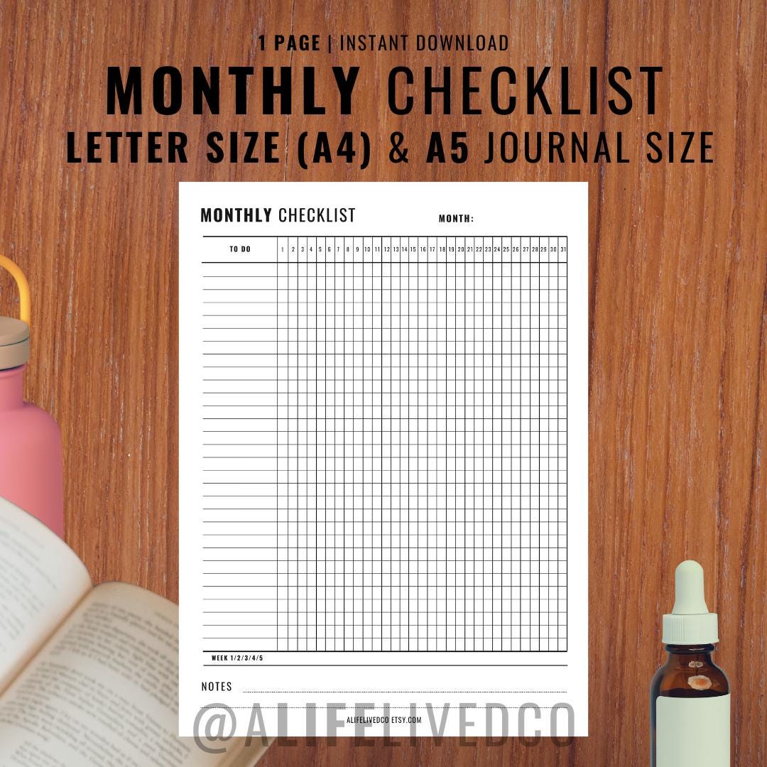 Monthly Checklist Printable-minimalist Monthly Checklist-task Planner ...