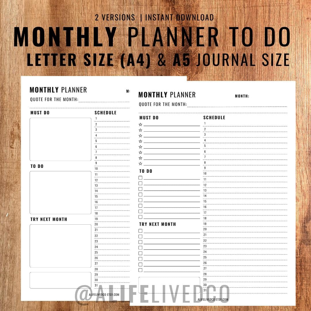 Monthly to Do Planner - Month at a Glance - Monthly Goals - Monthly to ...