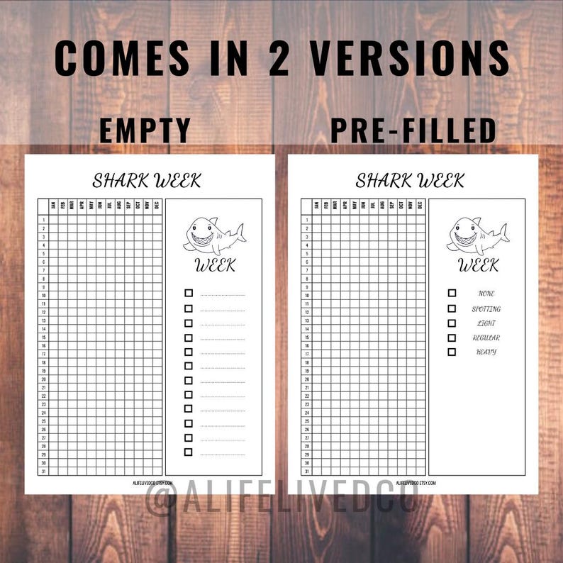 Shark Week Tracker - Printable Planner -journal Page - Menstruation Log ...