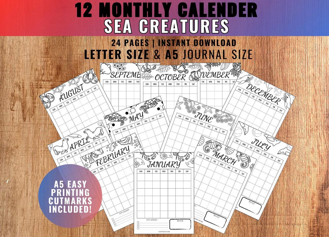 Sea Animals Calendar 2025: Printable Monthly Planner Bundle (digital ...