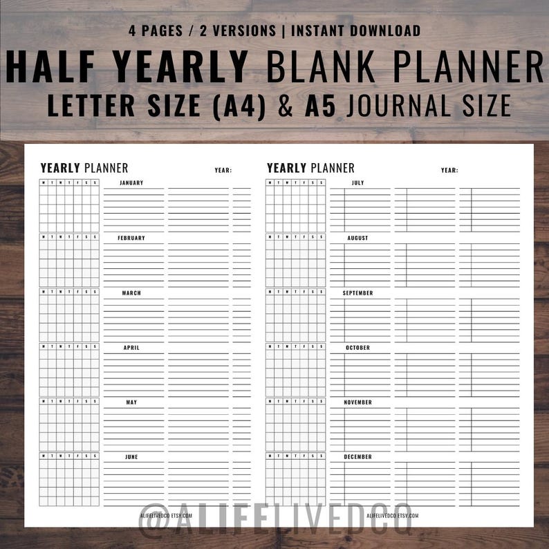 HALF Yearly Overview - Yearly Planner- Minimalist Yearly Planner- Year ...