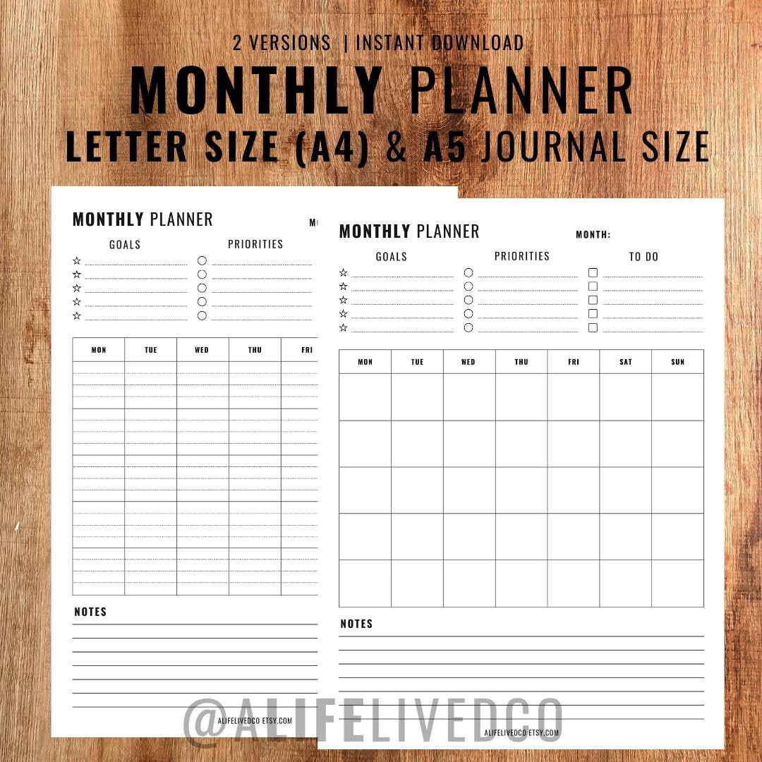 Simple Month View Planner - Month at a Glance - Monthly Goals - Monthly ...