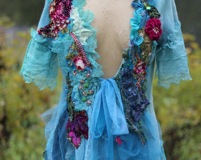 Blue Elf Extravagant Reworked Cardi, Wearable Art, Hand Embroidered and ...
