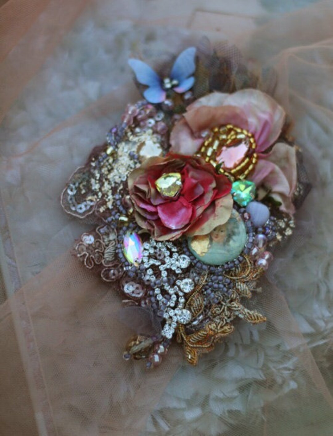 Bold Ornate Embroidered Pendant/brooch fairytale Posy, Vintage/antique ...