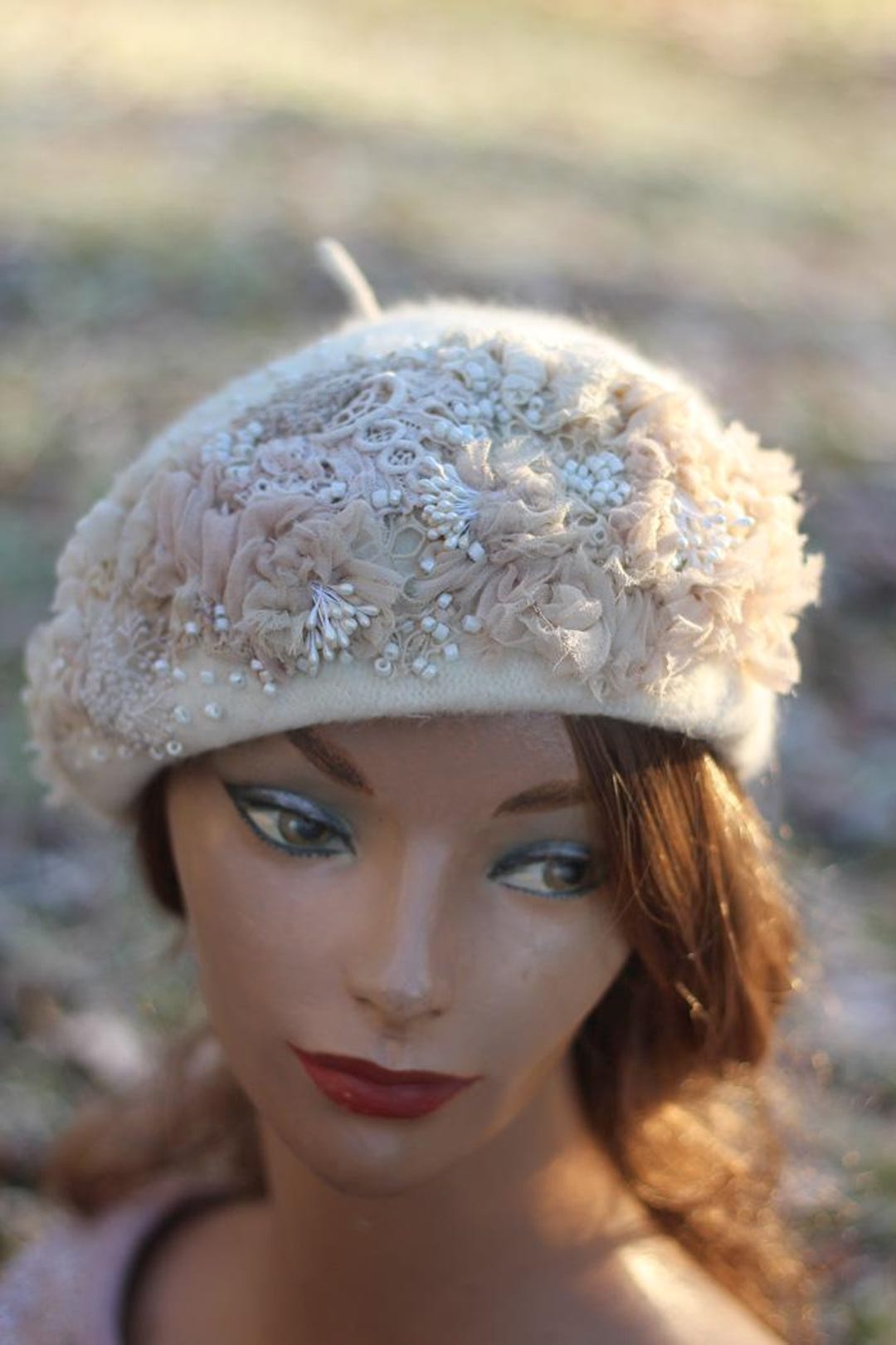 Embroidered Boho Beret: Beaded Lace, Silk Blossoms, Crystals and Pearls ...