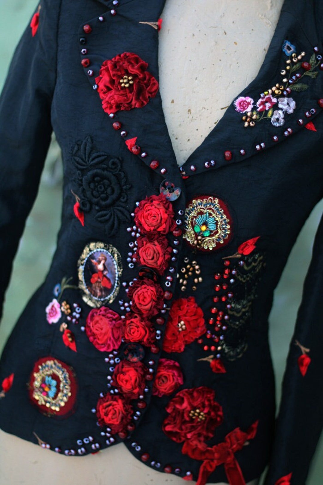 Boho Artsy Jacket "victorian&roses " Embroidered Details, Black and Red ...