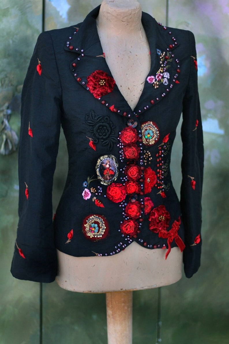 Embroidered Victorian Jacket: Red Silk Roses, Black Artsy Boho Style ...
