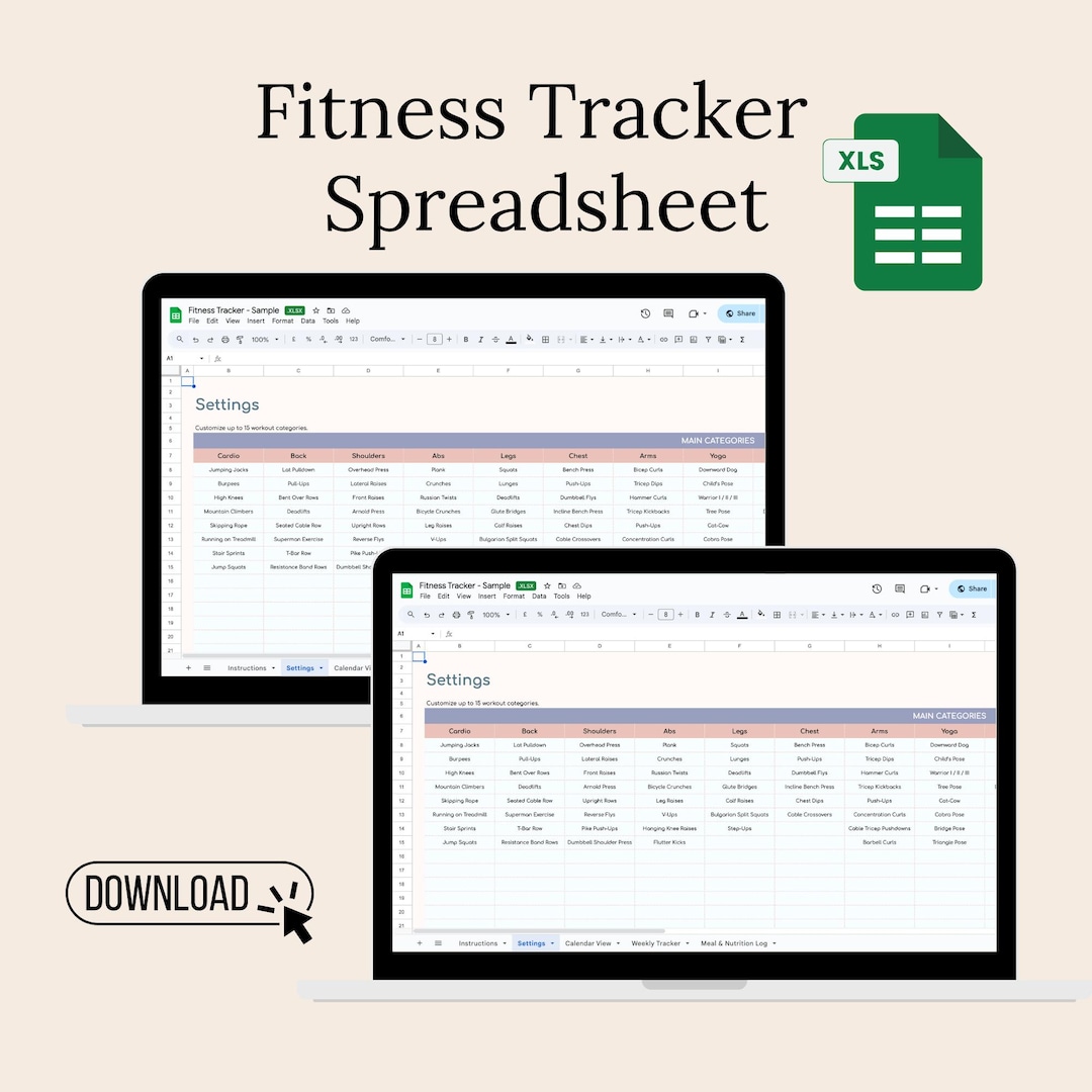 Editable Fitness Tracker Spreadsheet | Exercise & Meal Log (excel ...