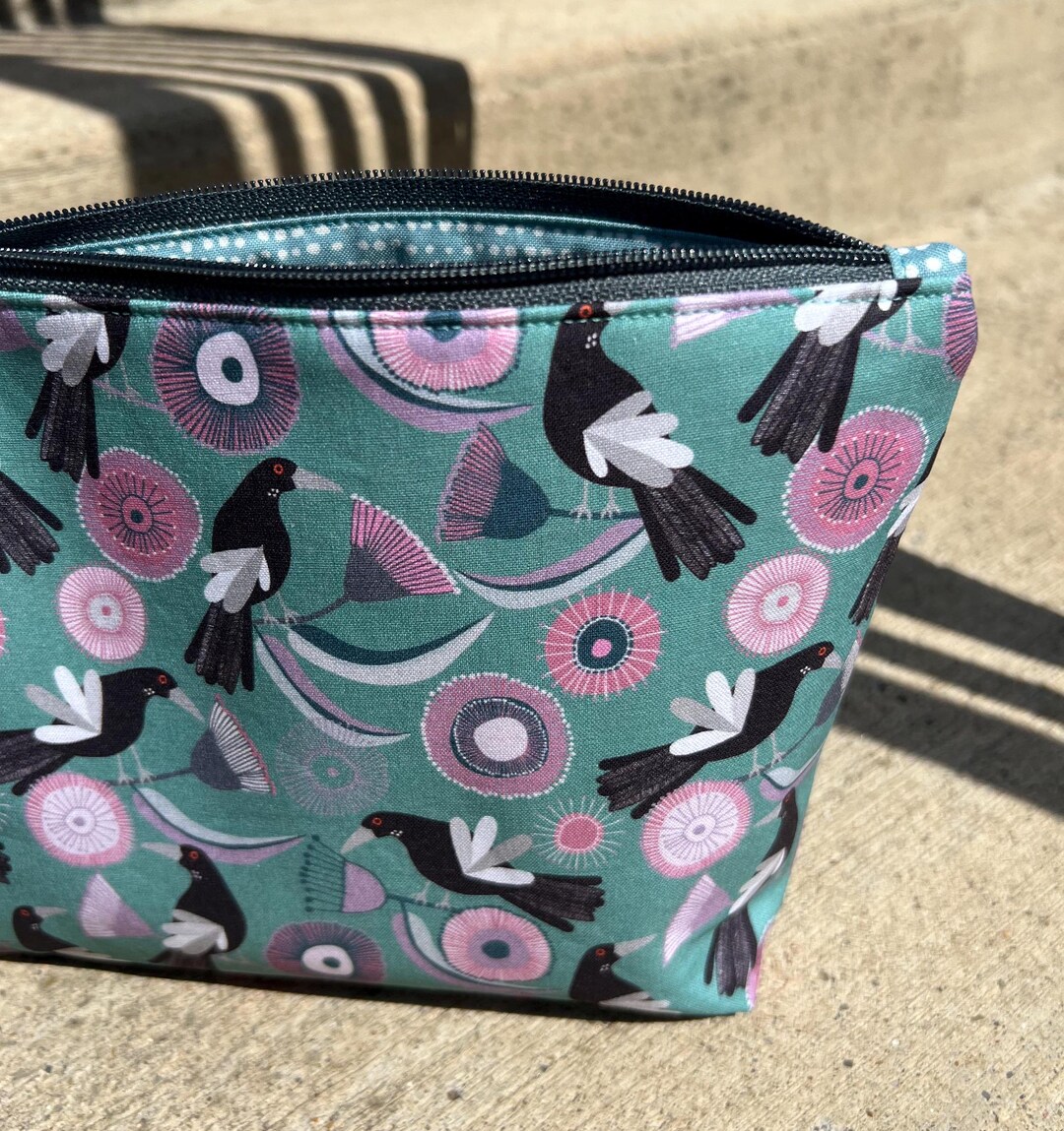 Australian Magpies and Gum Blossoms Print Lined Gussetted Zipper Bag ...