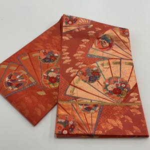 S-178 Vintage Silk Kimono Fukuro-Obi Belt : Gold Salmon Pink Floral Folding Fan Chinese Phoenix ...