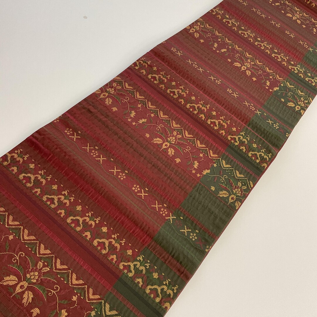 S457 Vintage Silk Kimono Fukuro-obi Belt : Olive Green Wine Red Hand ...