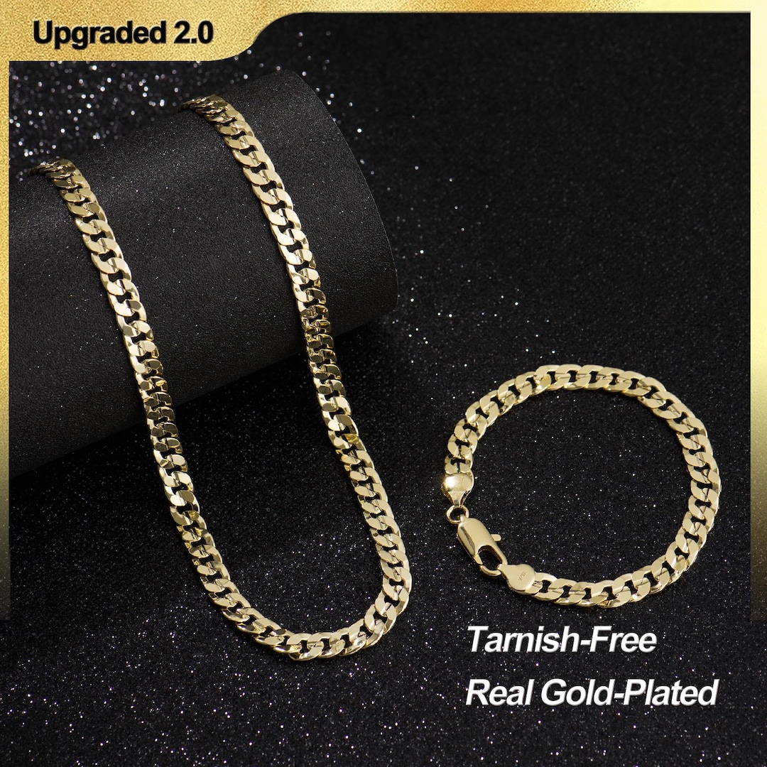 14K Gold-plated Cuban & Figaro Chain Necklace Bracelet Set - Etsy