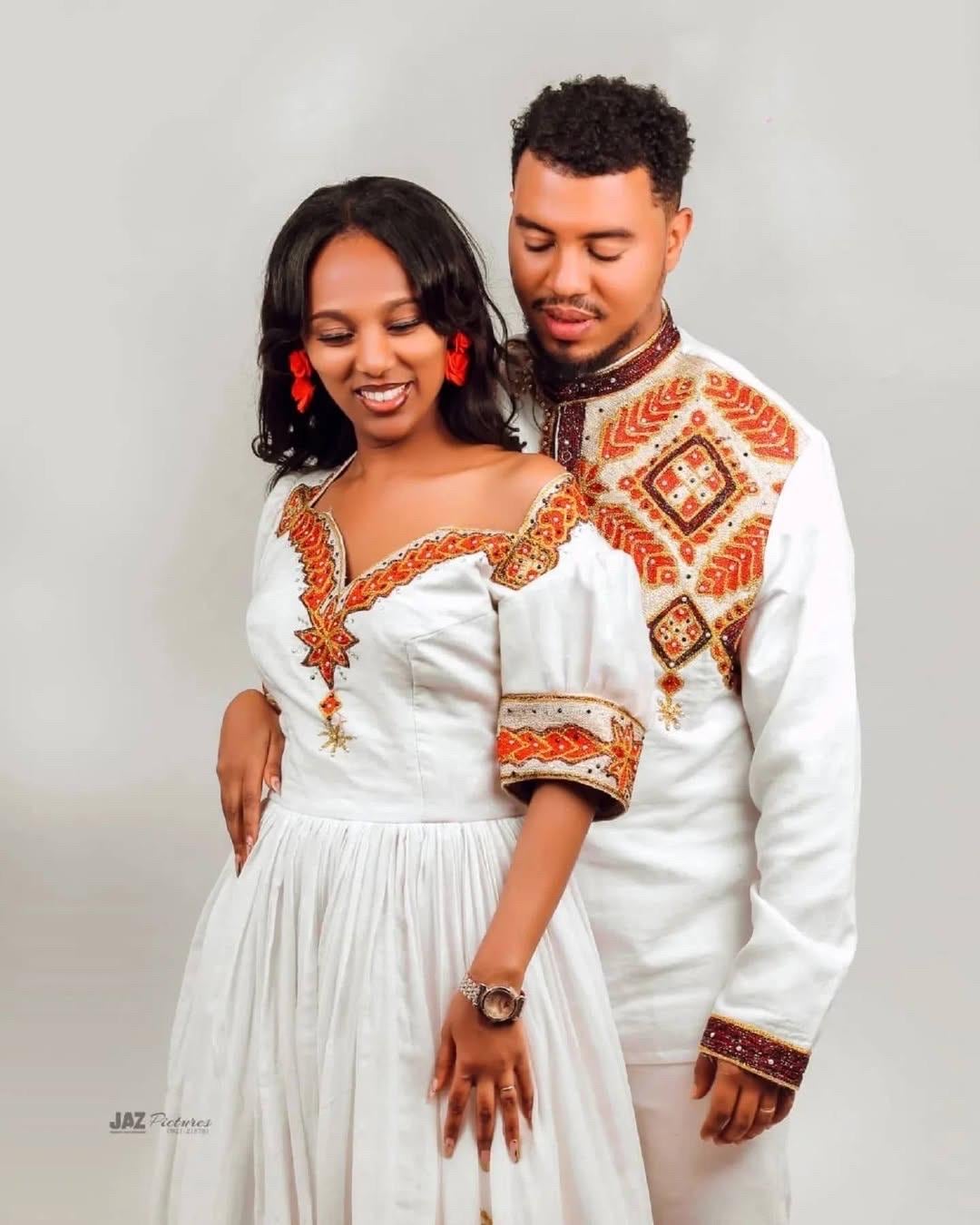 Handmade Ethiopian Attire Set for Couples: Traditional Kemis & Mens Top ...