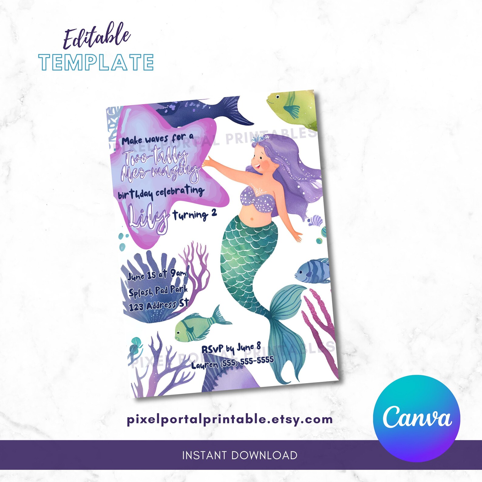 Mermaid Birthday Invitation: Two-tally Mer-mazing, Ocean Theme (canva ...