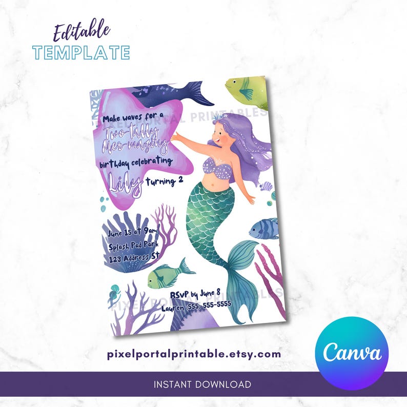 Mermaid Birthday Invitation: Two-tally Mer-mazing, Ocean Theme (canva ...