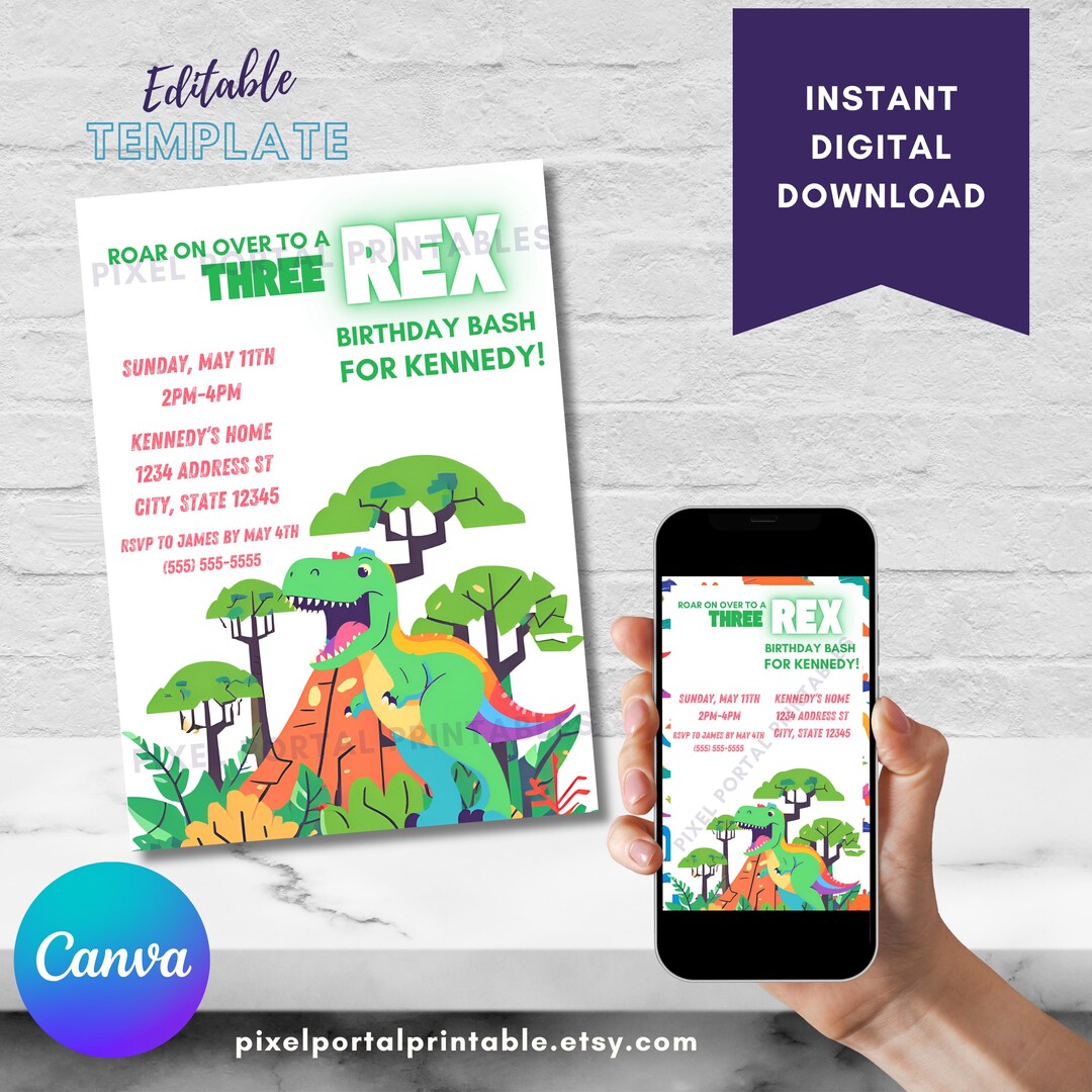 Three-rex, Editable Invitation, Birthday Party Invitation, Dinosaur ...