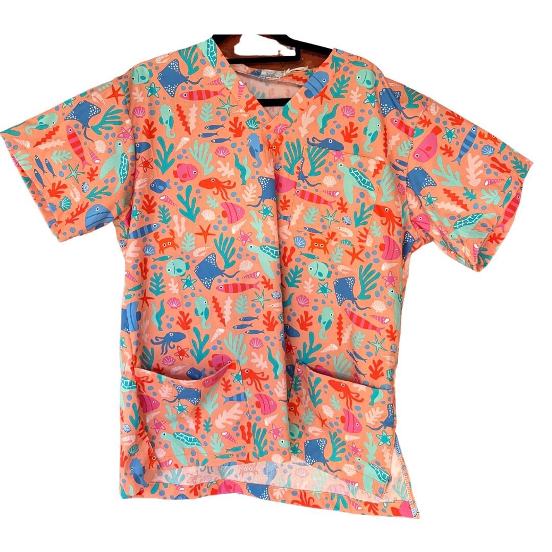Coral Pink Sea Animals Large Scrub Top: Scrub Top, Cotton Scrub Top ...