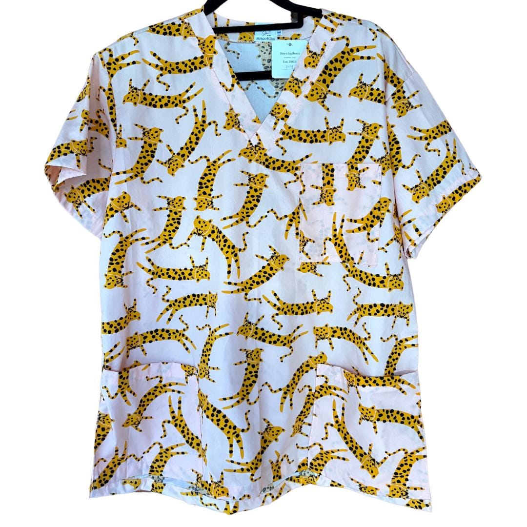 Leaping Leopard Large Scrub Top: Fun Scrubs, Cotton Scrub Top, Unisex ...