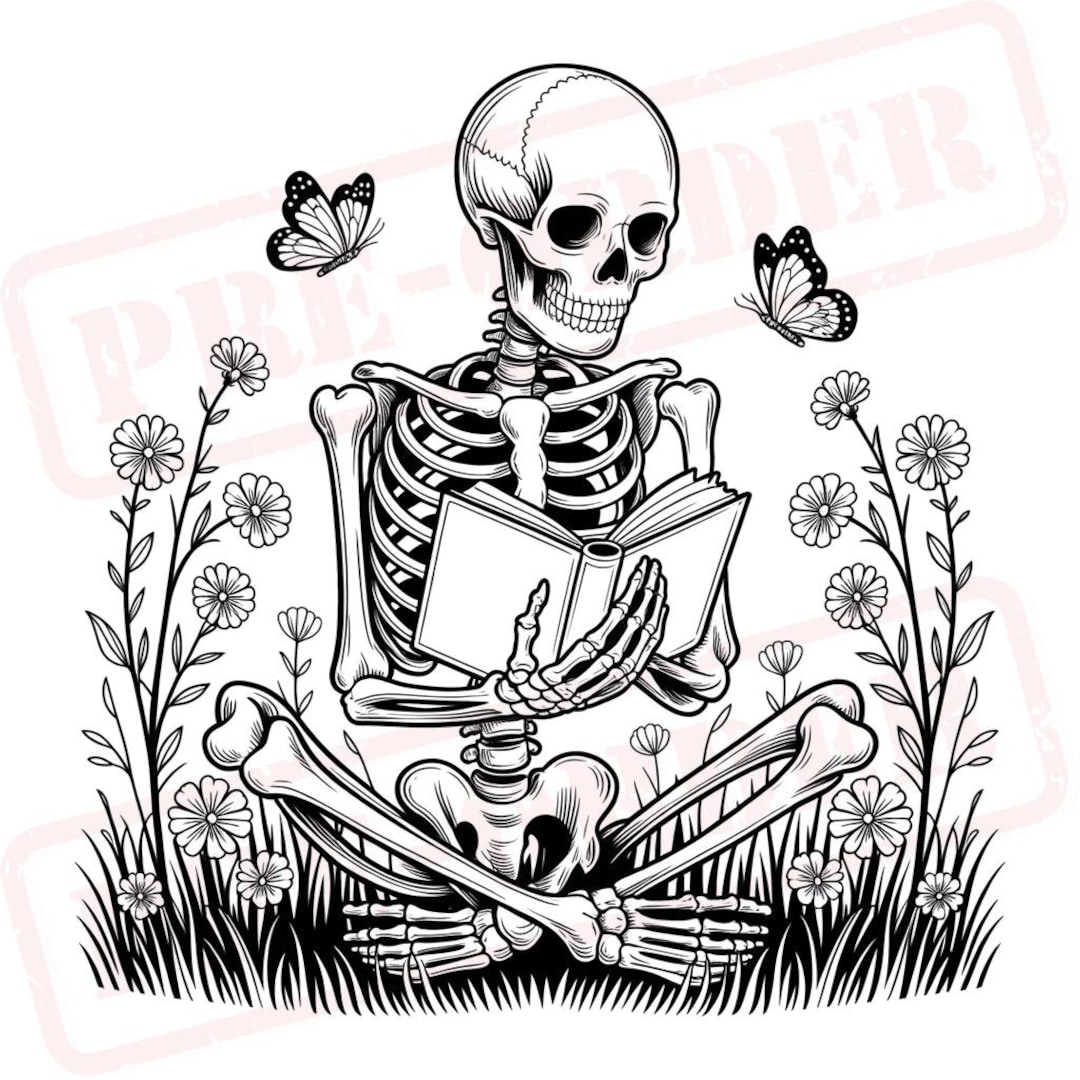 Gothic Skeleton Reading Book Art: Tattoo Style SVG PNG (digital ...