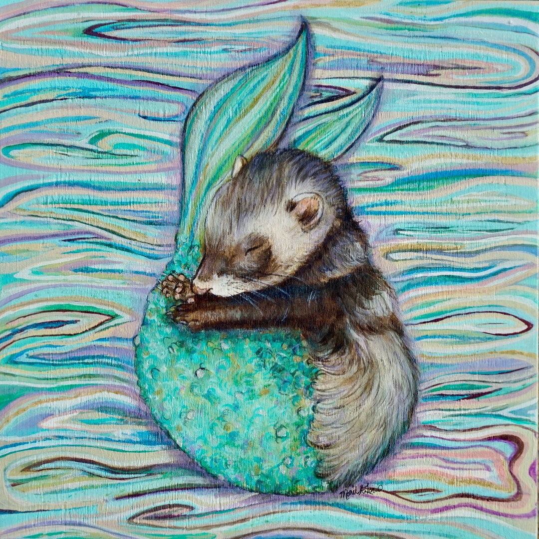 Ferret Mermaid Art Print, Ferret Memorial Art, Rainbow Bridge Gift ...
