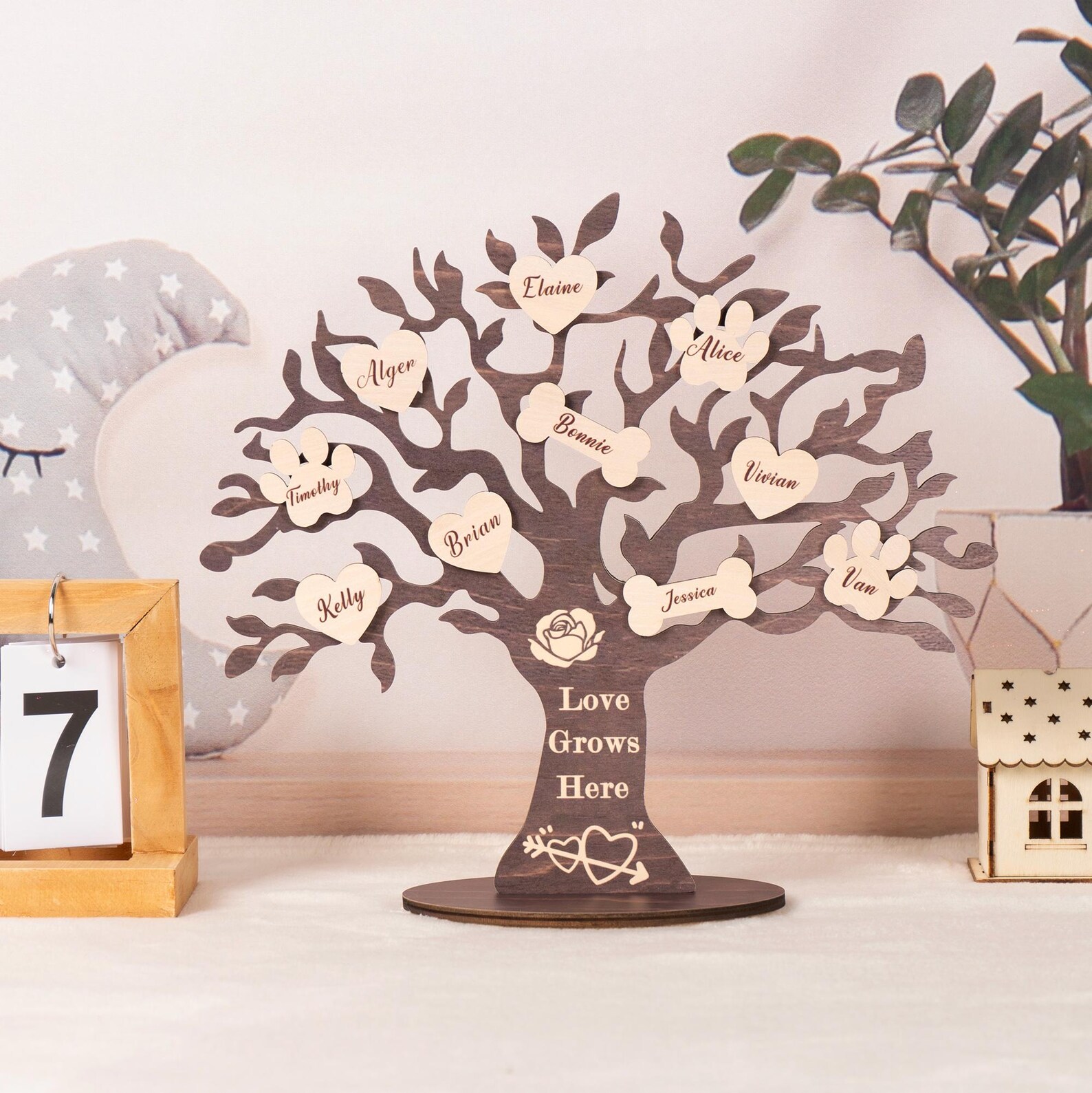 Personalized Wooden Family Tree Sign, Custom Hanging Hearts and Paw ...