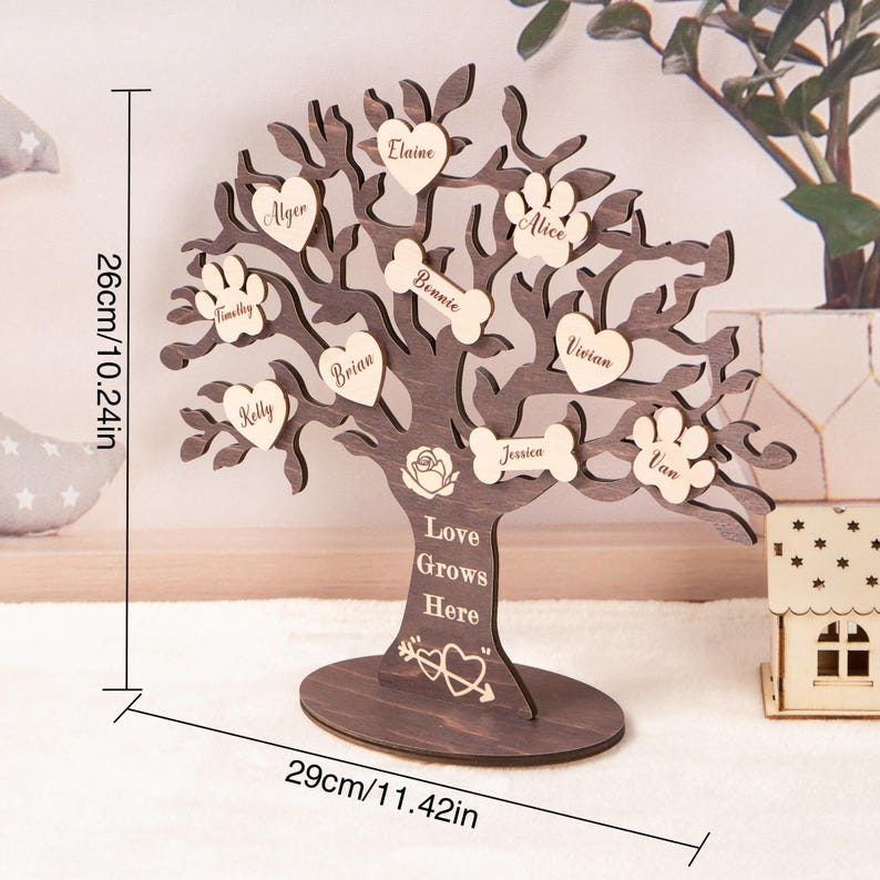 Personalized Wooden Family Tree Sign, Custom Hanging Hearts and Paw ...