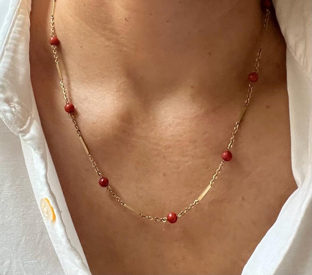 Vintage 14K Coral Bead Station Chain - Etsy