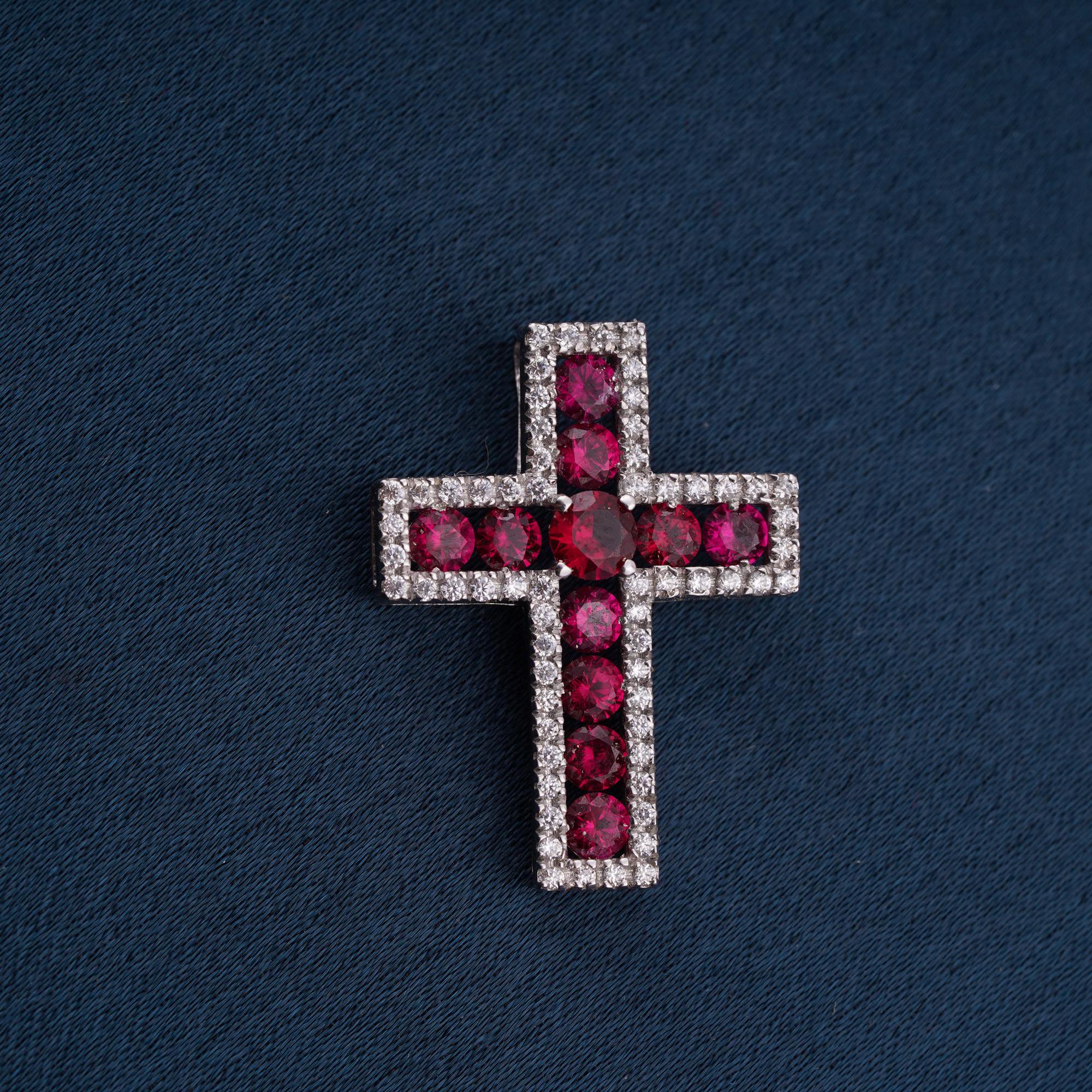 Red Ruby Cross Pendant, Minimalist Round Diamond Cross Pendant ...