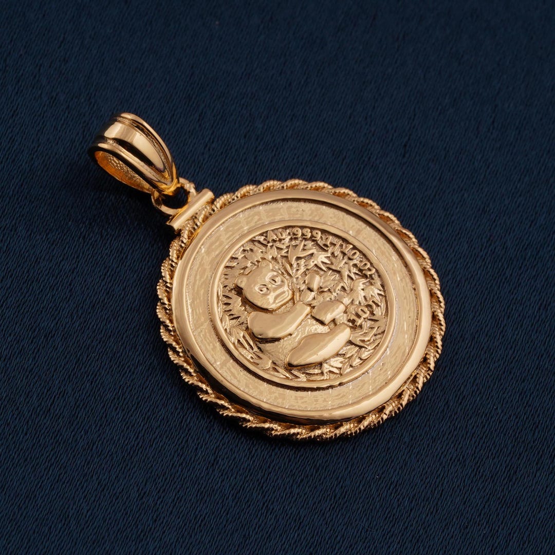 Panda Coin Pendant, Minimalist Rope Bezel Pendant, Gold Plated Handmade ...