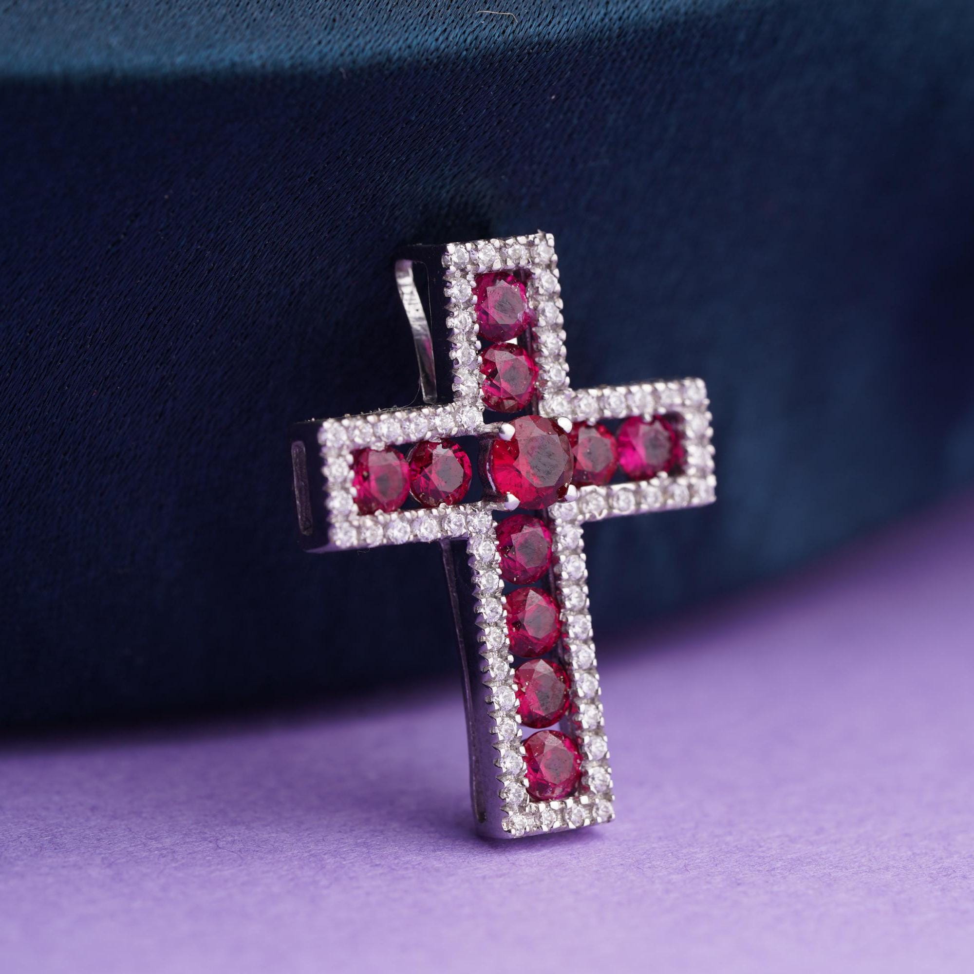 Red Ruby Cross Pendant, Minimalist Round Diamond Cross Pendant ...