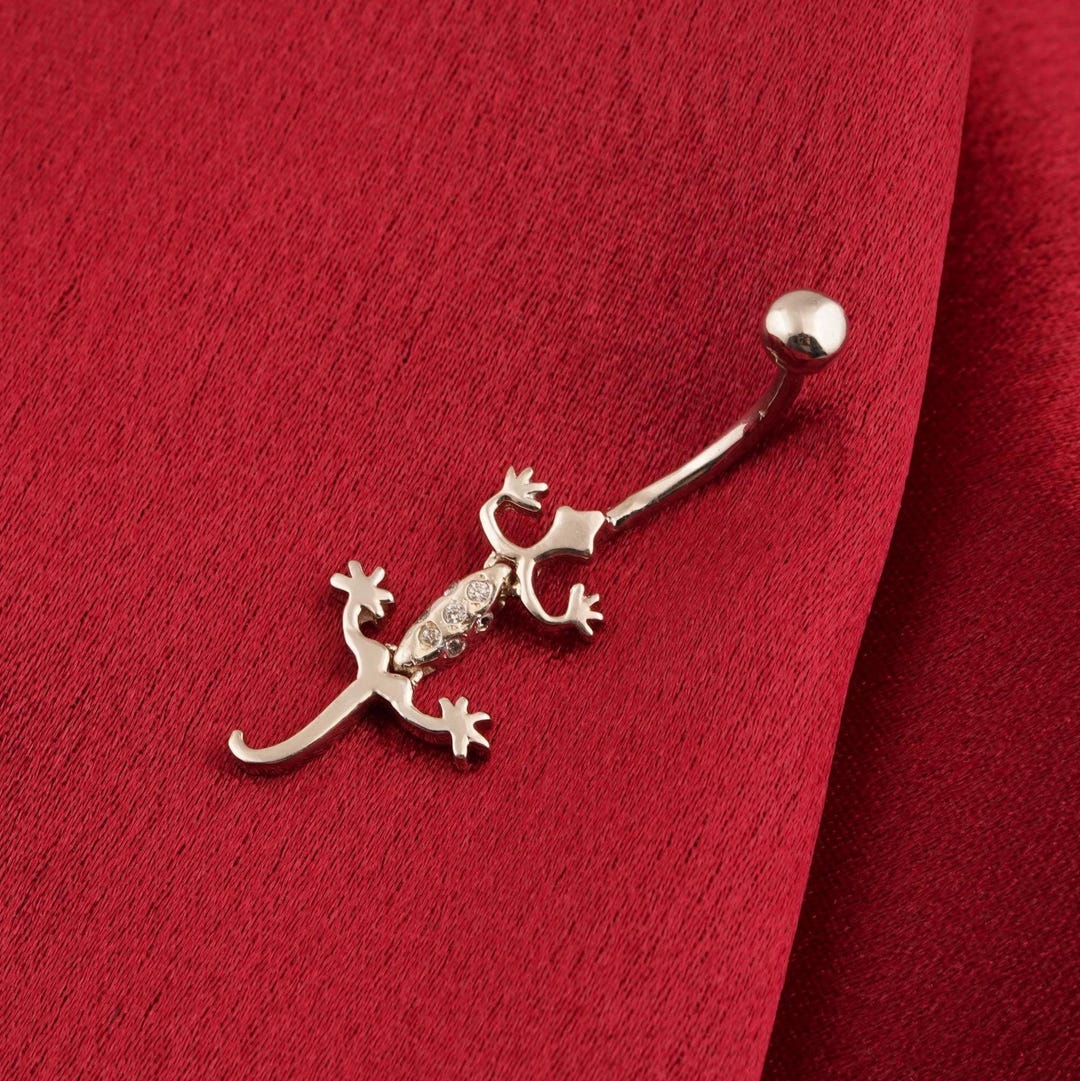 14k Solid White Gold Belly Button, Lizard Shape Ball Screw Body Jewelry ...
