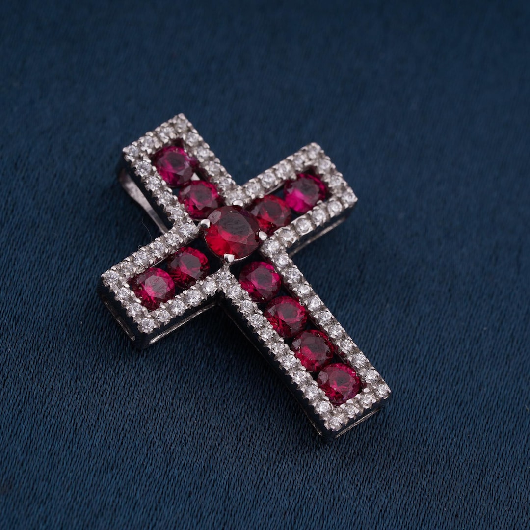 Red Ruby Cross Pendant, Minimalist Round Diamond Cross Pendant ...