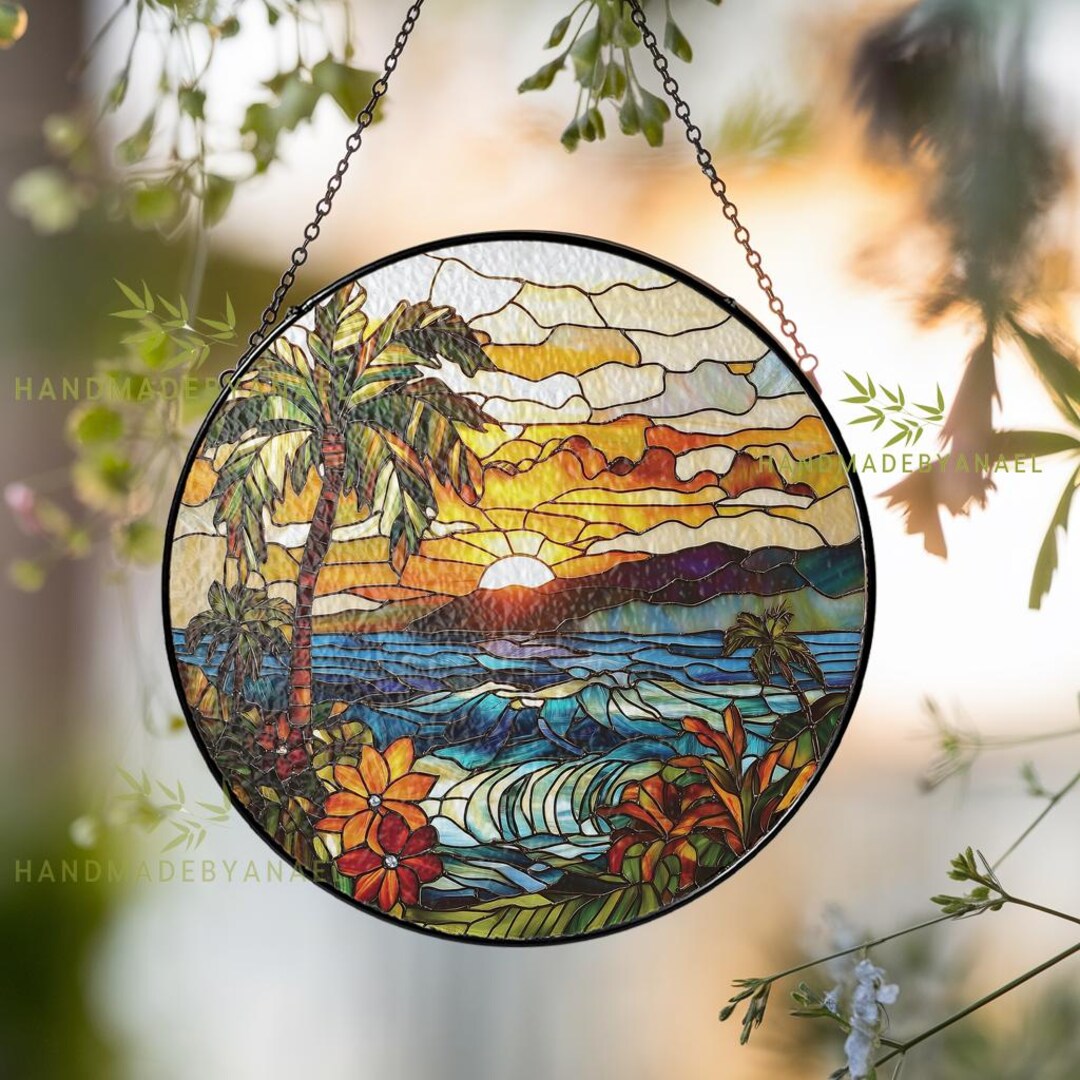 Beach Sunset Stained Glass Suncatcher Beach Sunrise Glass Window ...