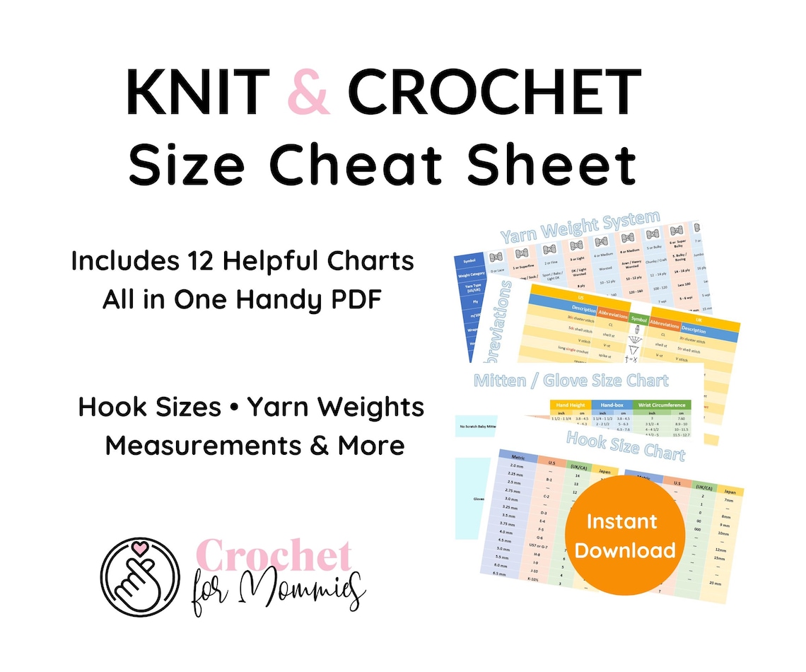 Knit and Crochet Size Charts PDF – Printable Cheat Sheet for Yarn ...