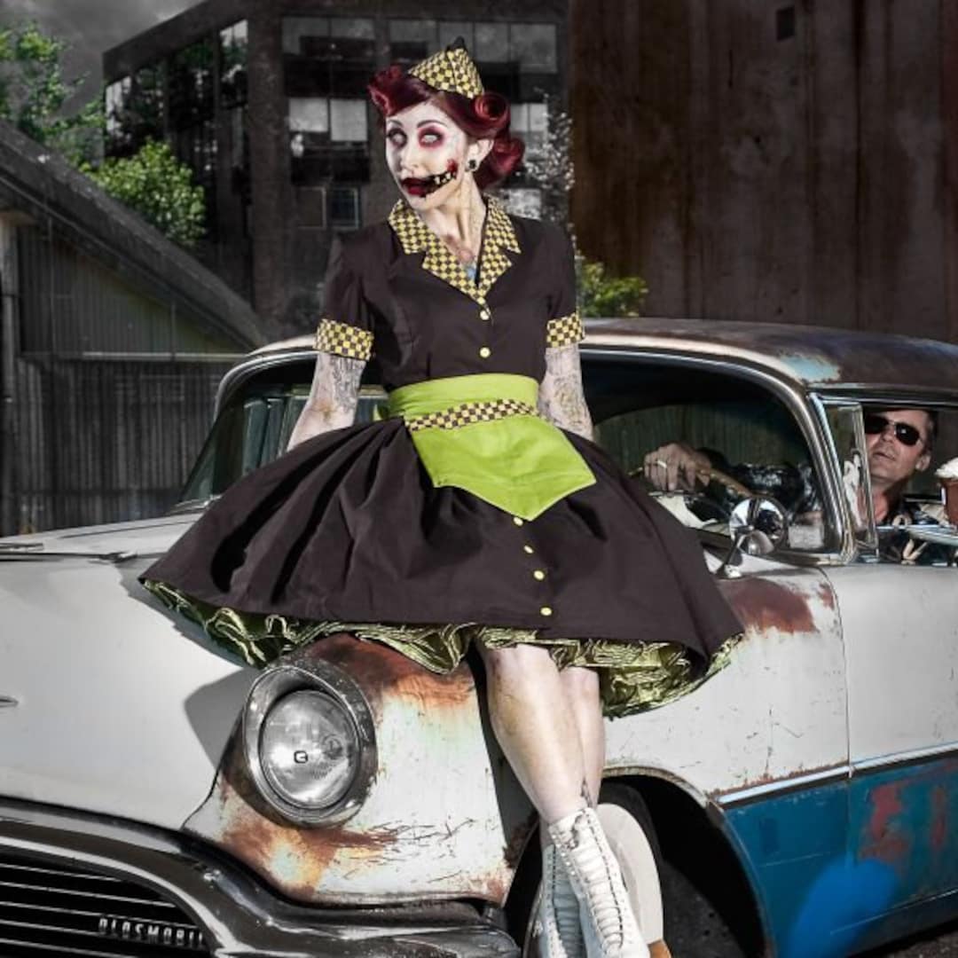 Zombie Pinup Car Hop Halloween Costume Retro 50s Waitress Dress Apron ...