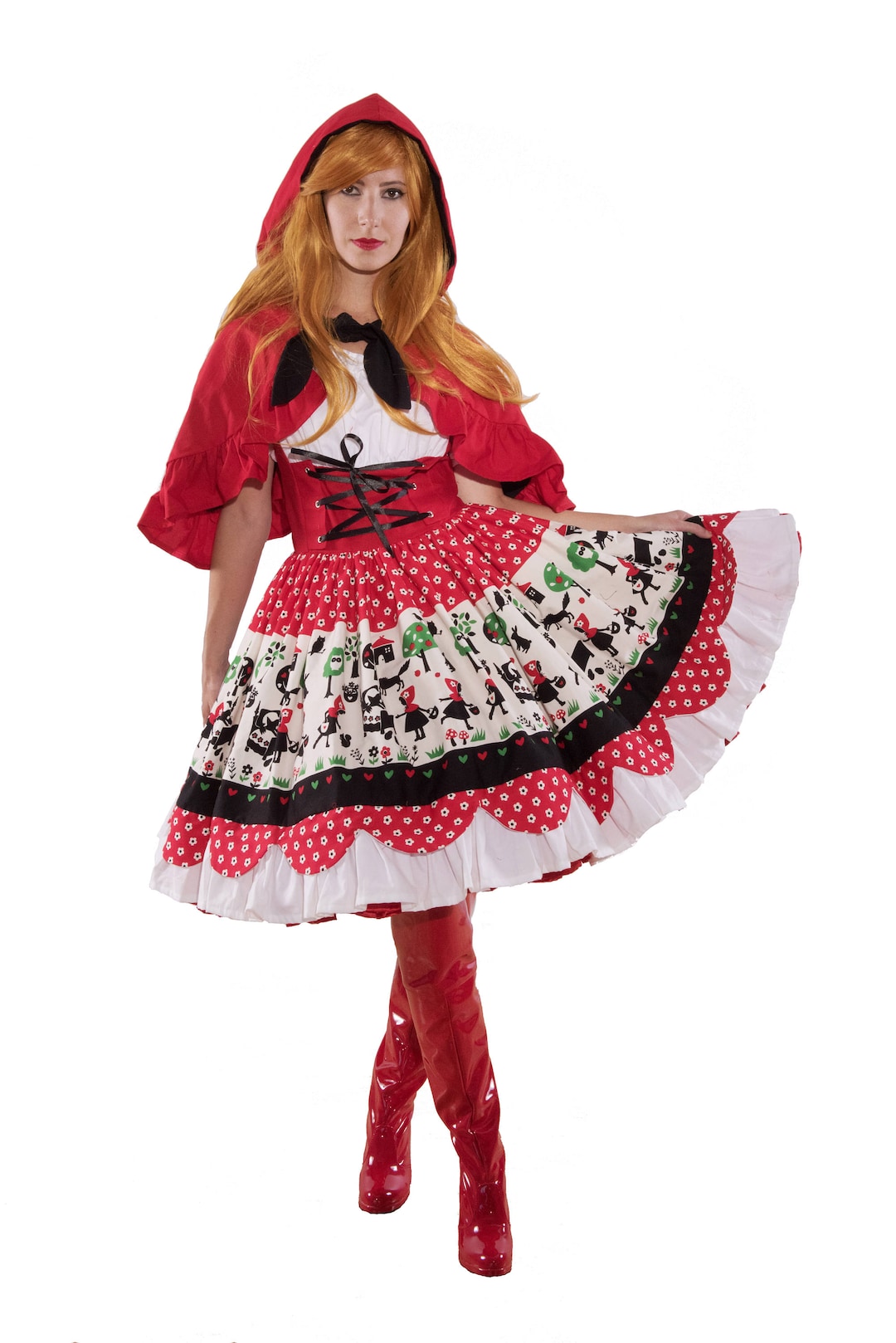 Halloween Costume Little Red Riding Hood Dress Hooded Capelet Red White ...