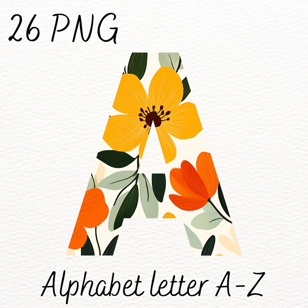Floral Alphabet PNG A-Z | Orange & Yellow Flowers | Retro Style Digital ...
