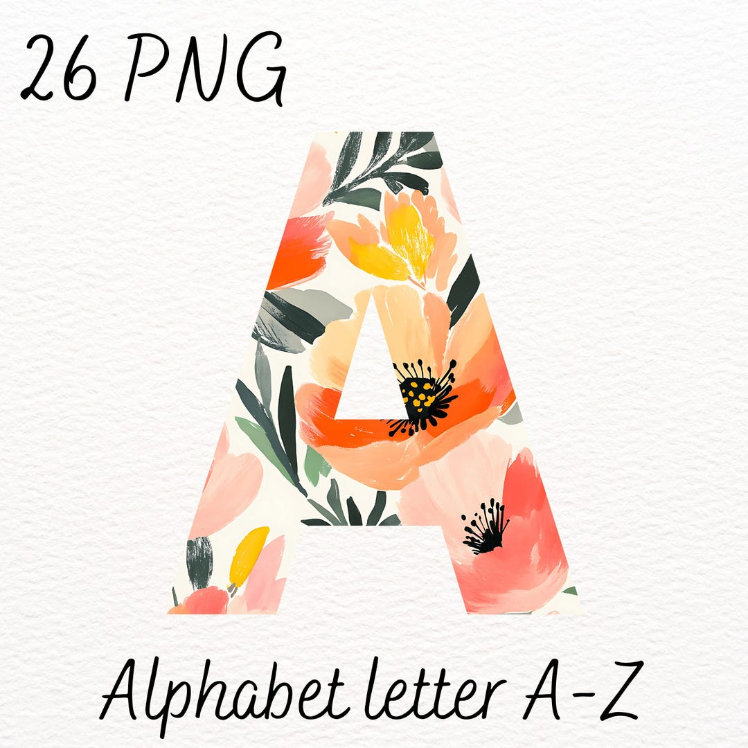 Rustic Floral Alphabet PNG - Hand-painted Letters A-Z - Cottagecore ...