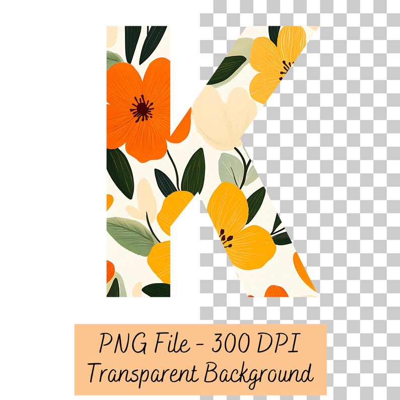 Floral Alphabet PNG A-Z | Orange & Yellow Flowers | Retro Style Digital ...