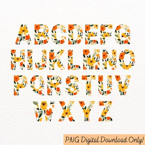 Floral Alphabet PNG A-Z | Orange & Yellow Flowers | Retro Style Digital ...